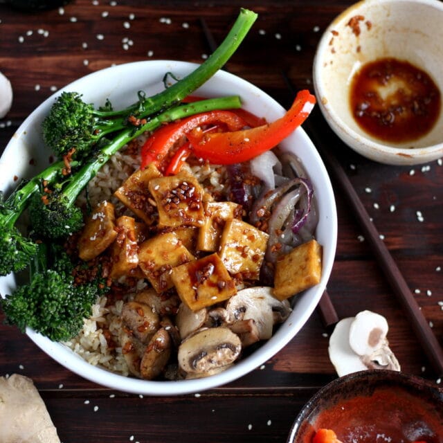 Brown Rice Tofu Bowl + Roasted Vegetables - The Wooden Skillet