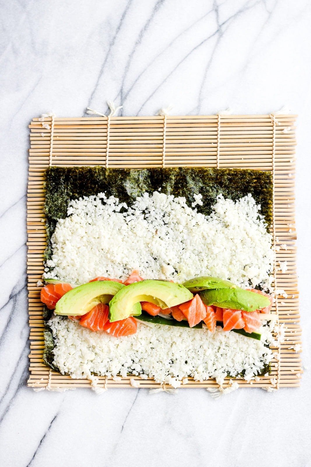 Spicy Salmon Cauliflower Rice Sushi Roll (Whole30) - The Wooden Skillet