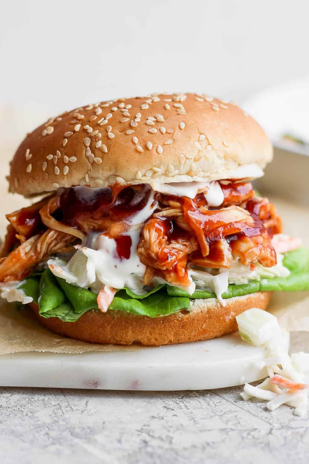 BBQ Pulled Chicken Sandwiches + Ranch Coleslaw - The Wooden Skillet