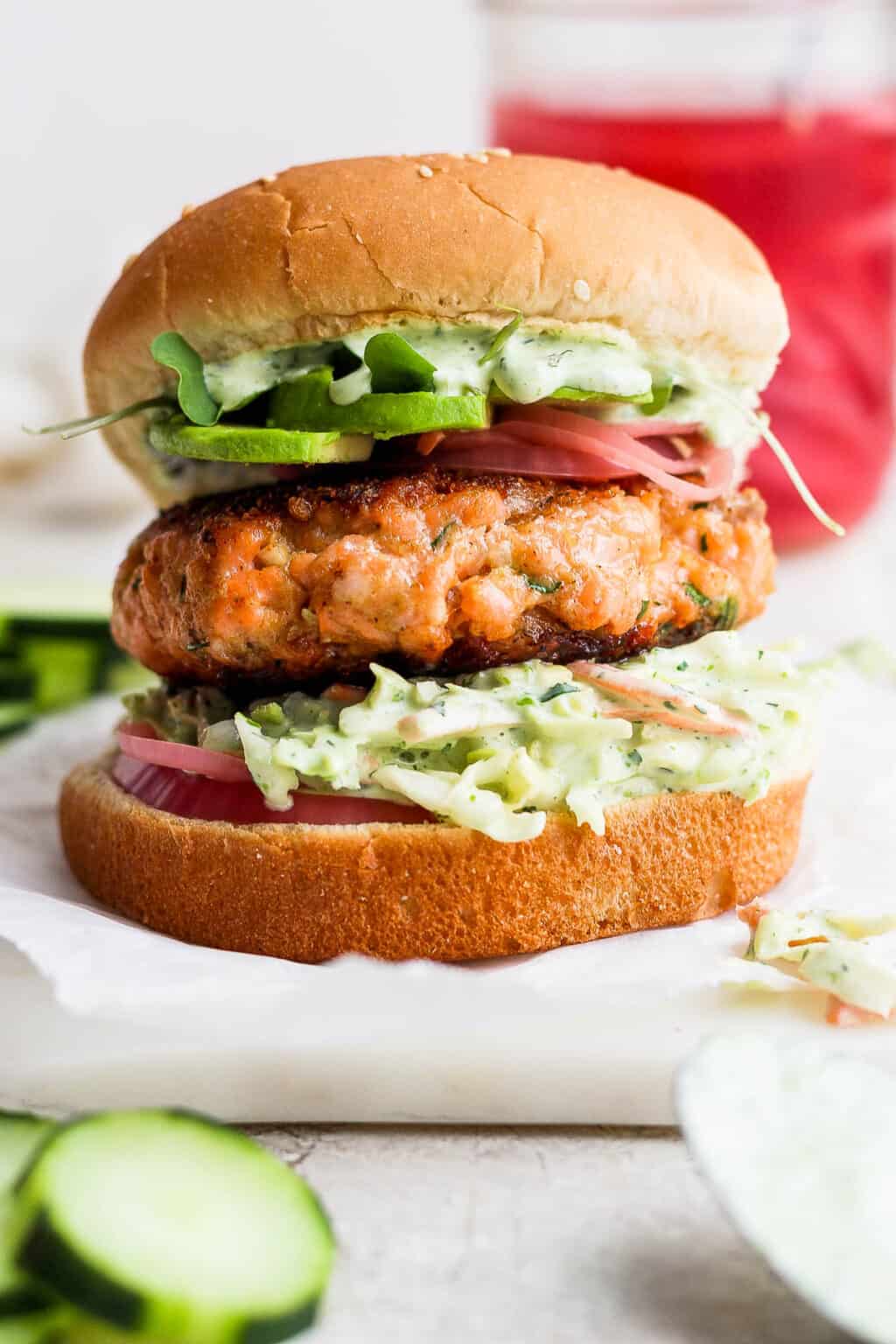 Salmon Burger + Green Goddess Slaw - The Wooden Skillet