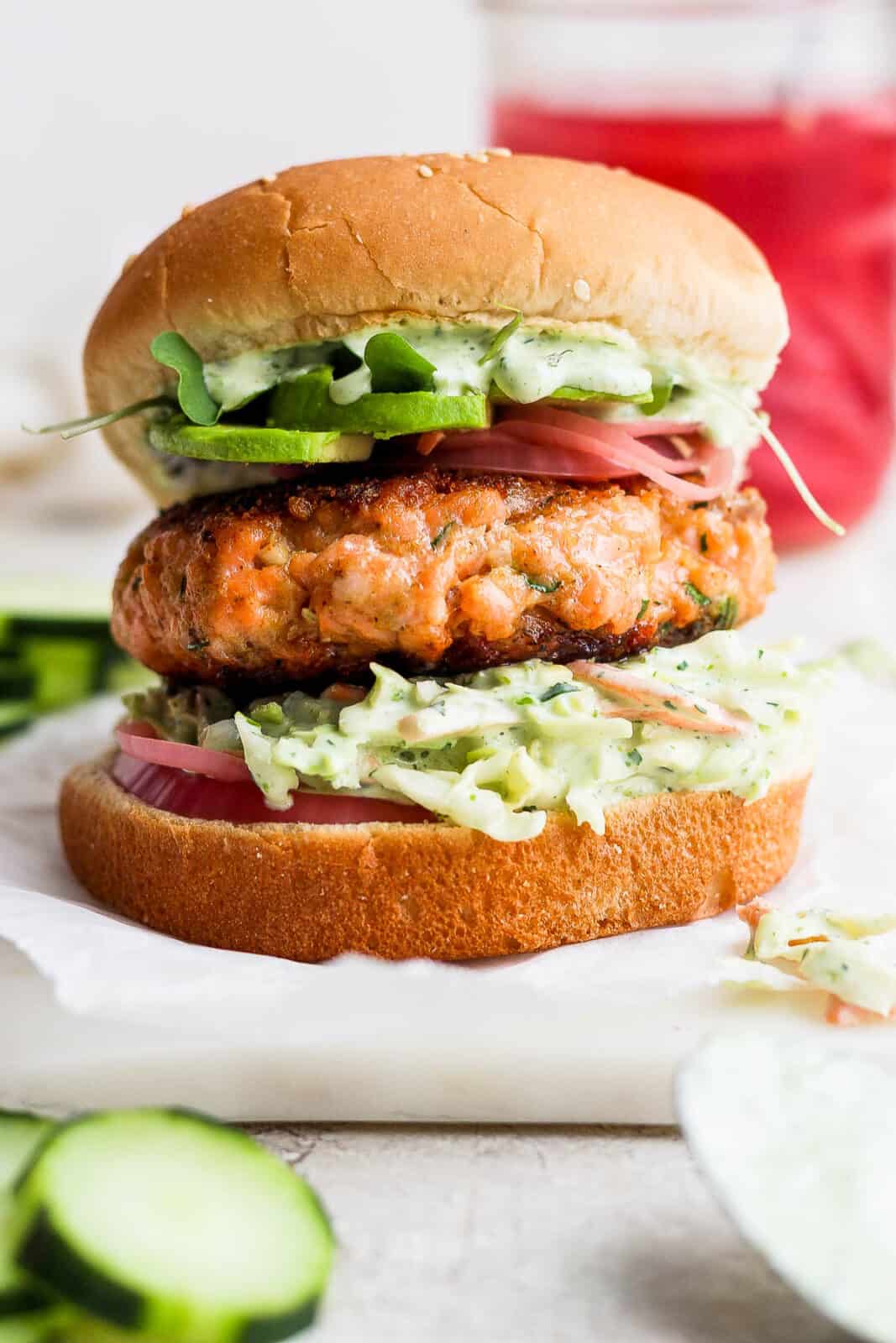 Salmon Burger + Green Goddess Slaw - The Wooden Skillet
