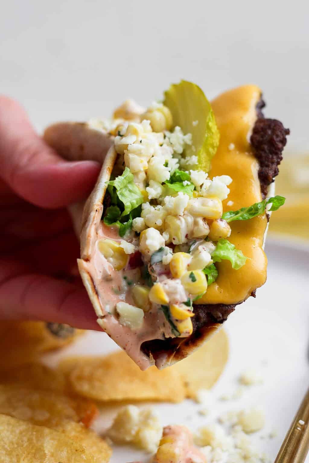 Street Corn Smash Burger Tacos - The Wooden Skillet