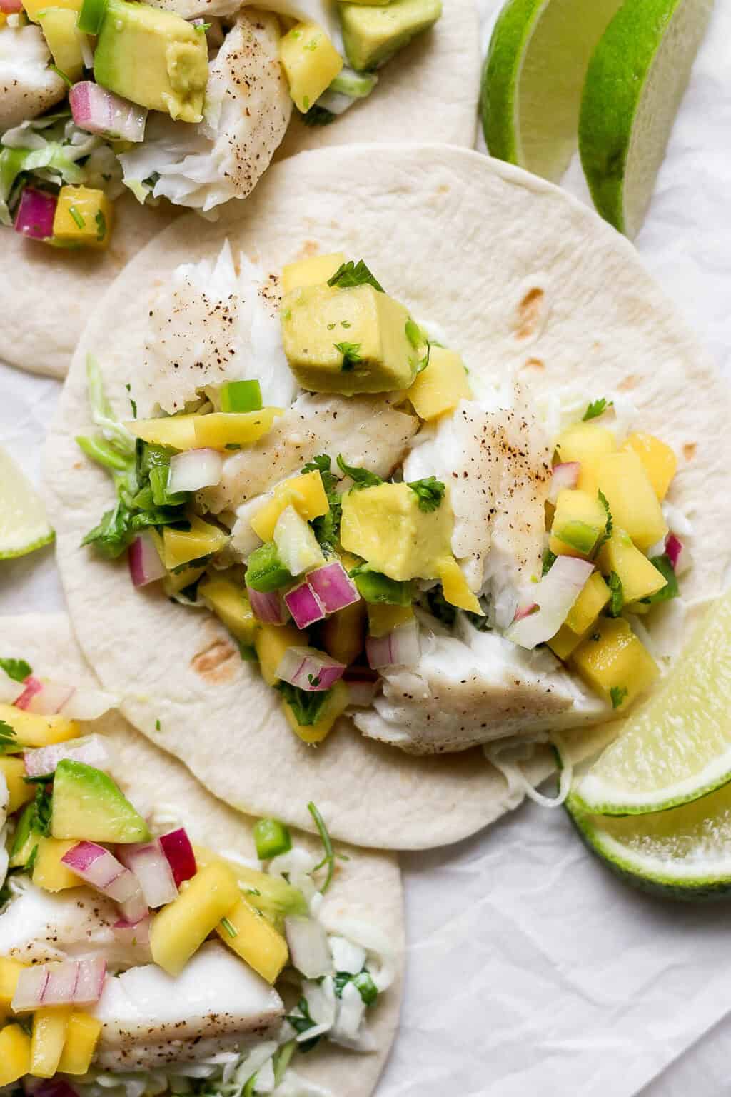 Grilled Fish Tacos + Mango Avocado Salsa - The Wooden Skillet
