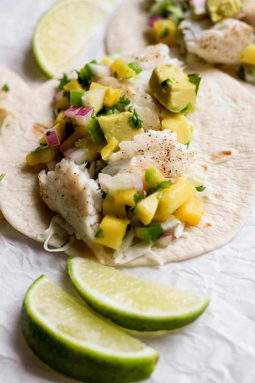 Grilled Fish Tacos + Mango Avocado Salsa - The Wooden Skillet