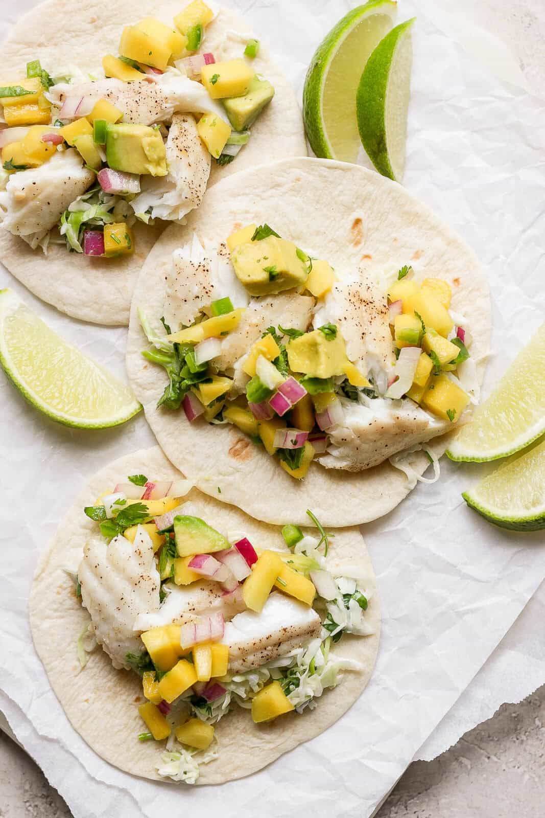 Grilled Fish Tacos + Mango Avocado Salsa - The Wooden Skillet