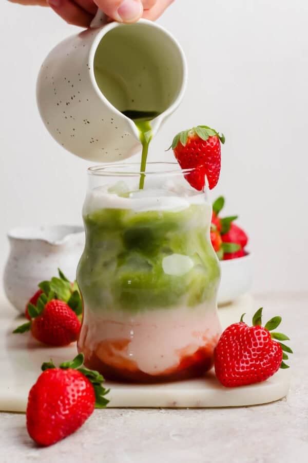 Easy Strawberry Matcha Latte (with strawberry jam) - The Wooden Skillet