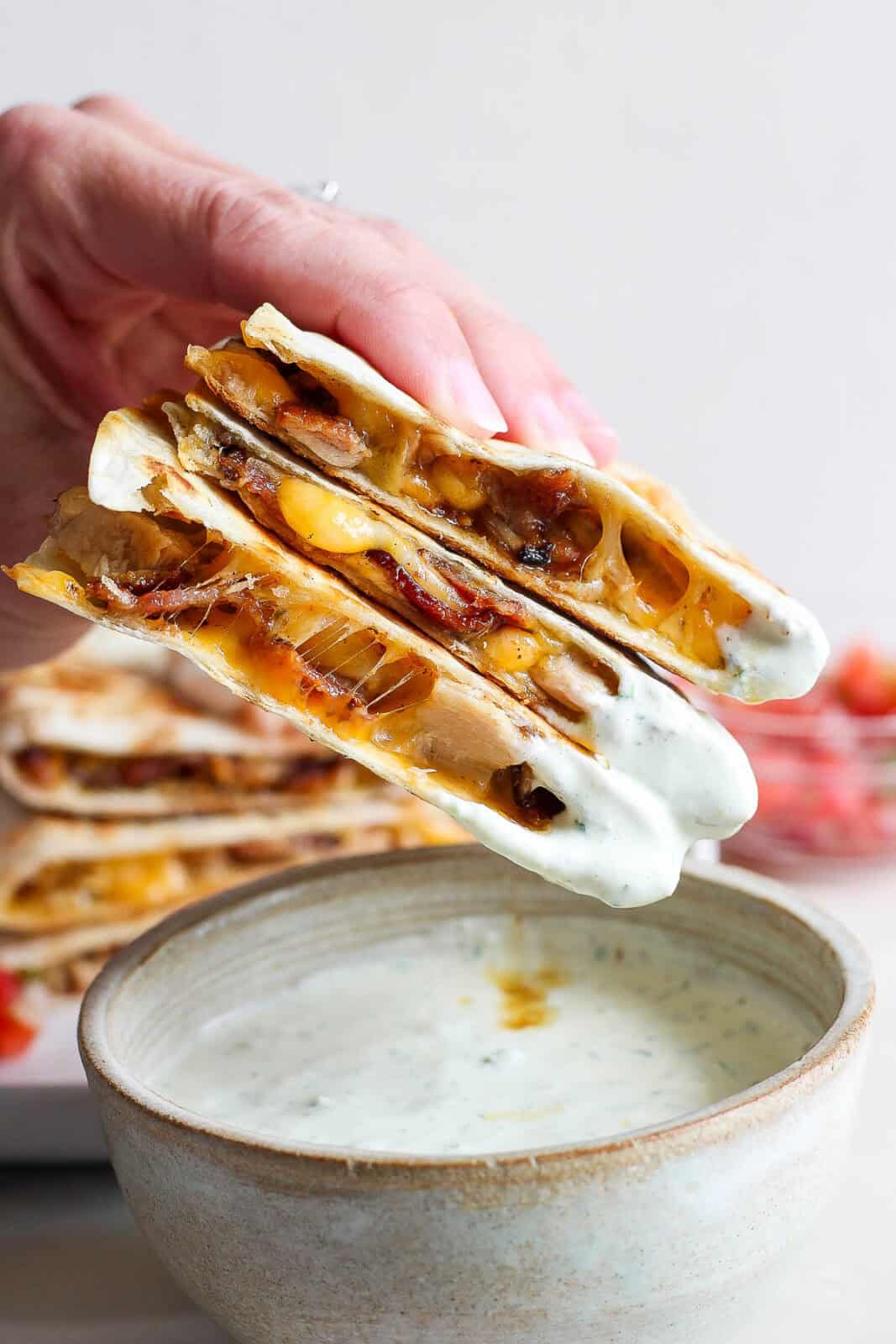 Chicken Bacon Ranch Quesadillas + Jalapeño Ranch - The Wooden Skillet