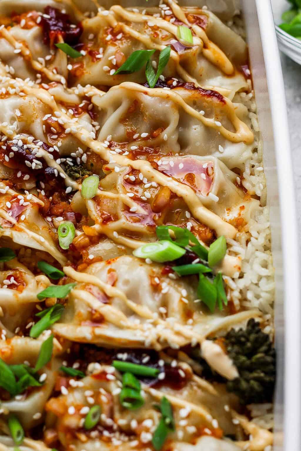 Dumpling Bake + Rice and Spicy Mayo - The Wooden Skillet