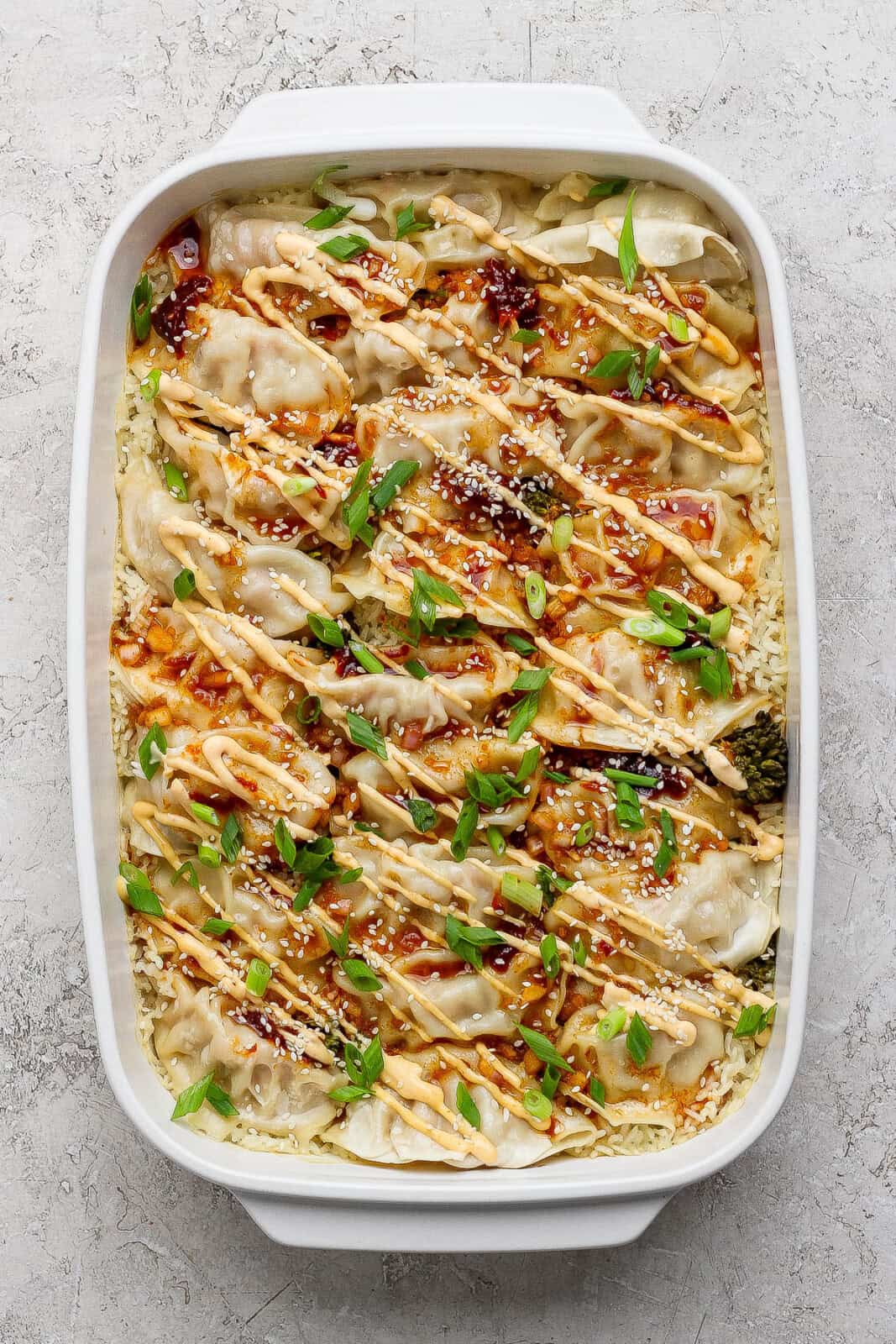 Dumpling Bake + Rice and Spicy Mayo - The Wooden Skillet